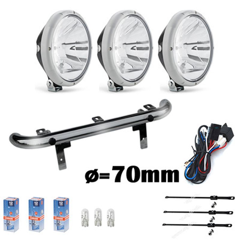 3st Hella Rallye 3003 Extraljus + lampor + Extraljusbåge 70 mm + kabelsats