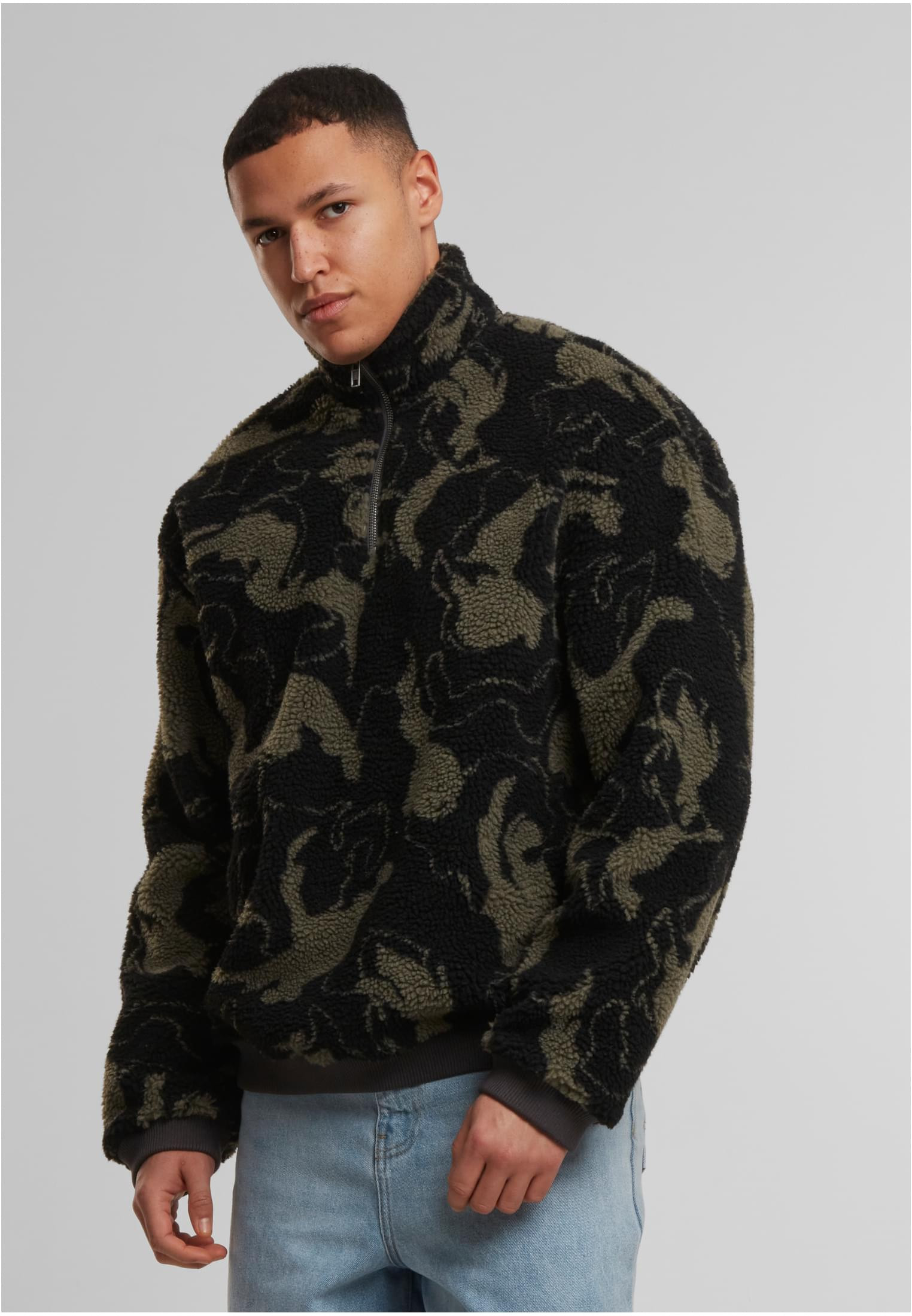 Oversized Pattern Teddy Jacka – oliveswirl för herr