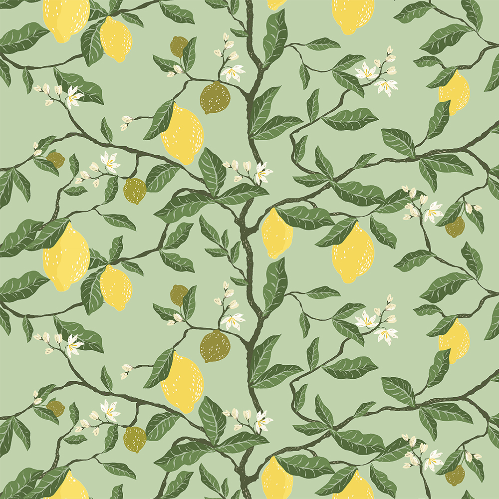 Citronträd grön tyg – mönstrat tyg med citroner | Nordisk Textil