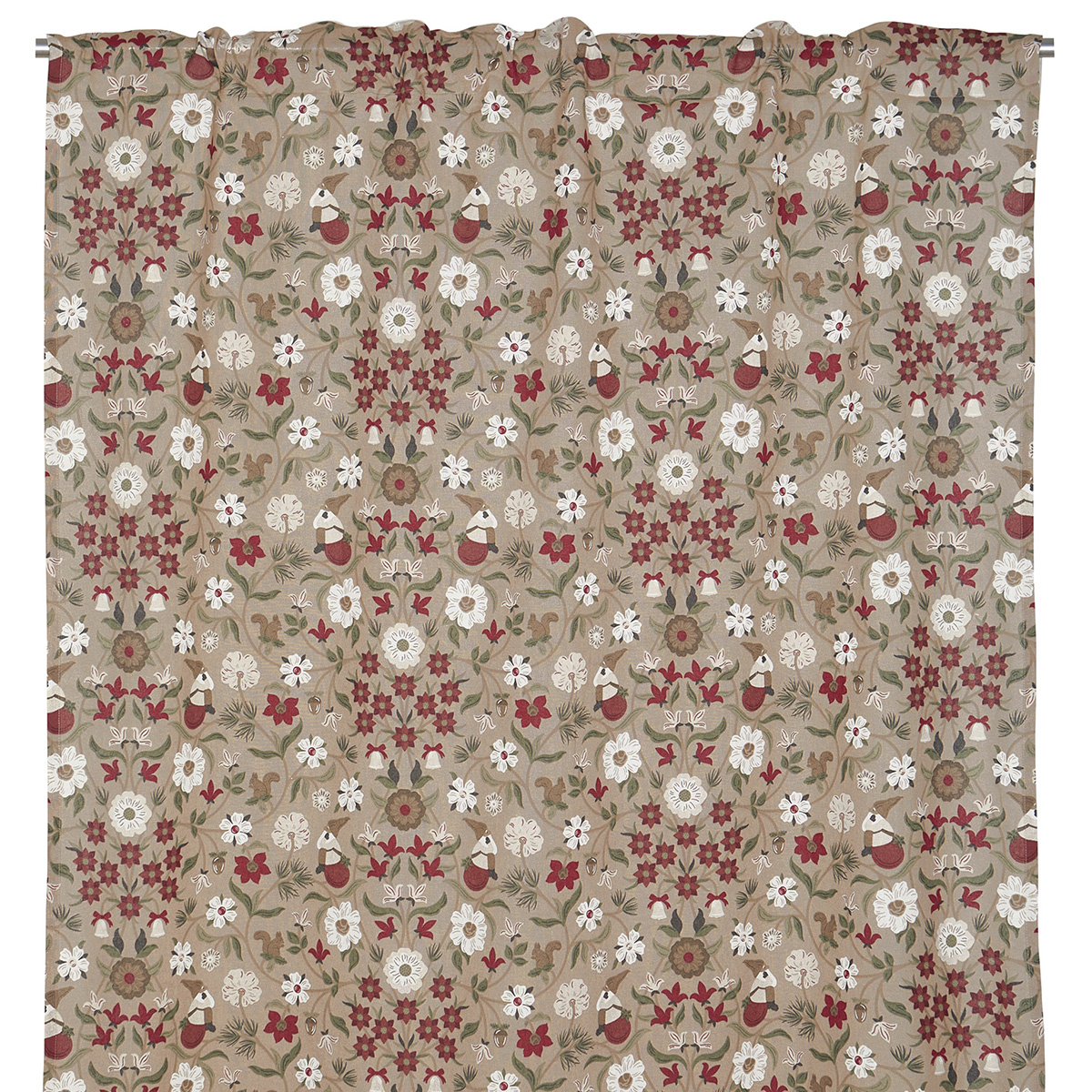 Julefrid Röd gardin – klassisk julgardin med blommor och tomtar