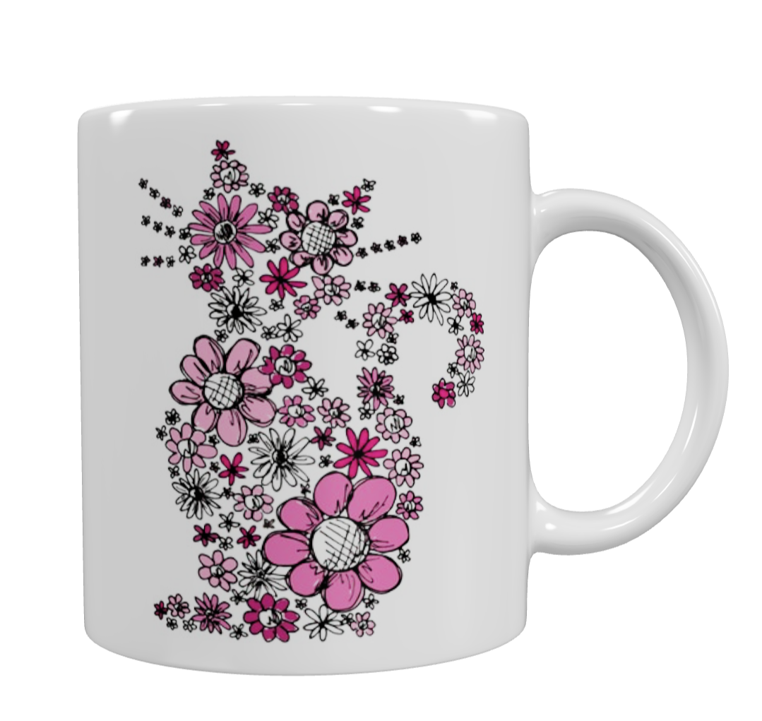 Mugg med katt tryck, katt i rosa blommor