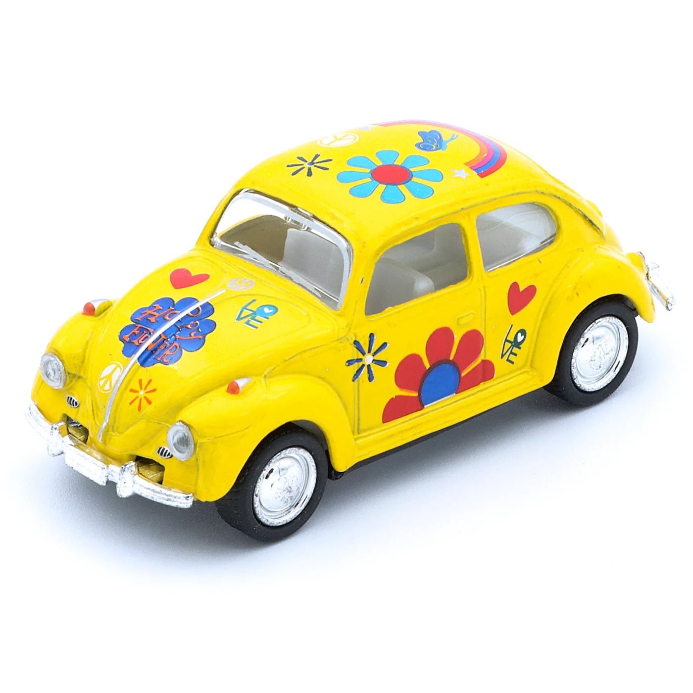 VW Beetle 1967 - Gul Flower Power - Kinsmart - 6 cm
